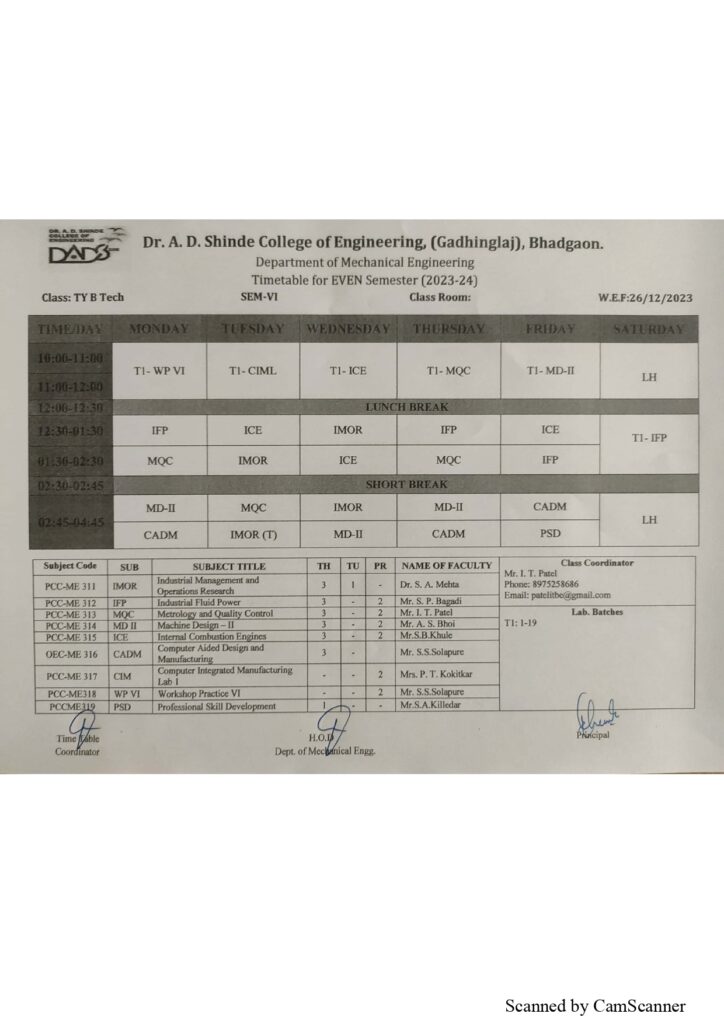 TImeTable – DEPARTMENT OF MECHANICAL AND MECHATRONICS ENGINEERING